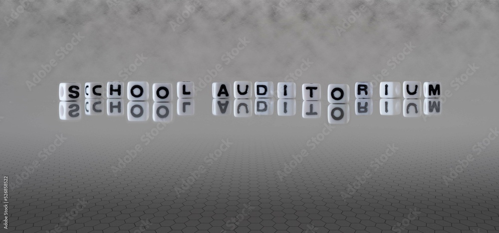 school auditorium word or concept represented by black and white letter ...