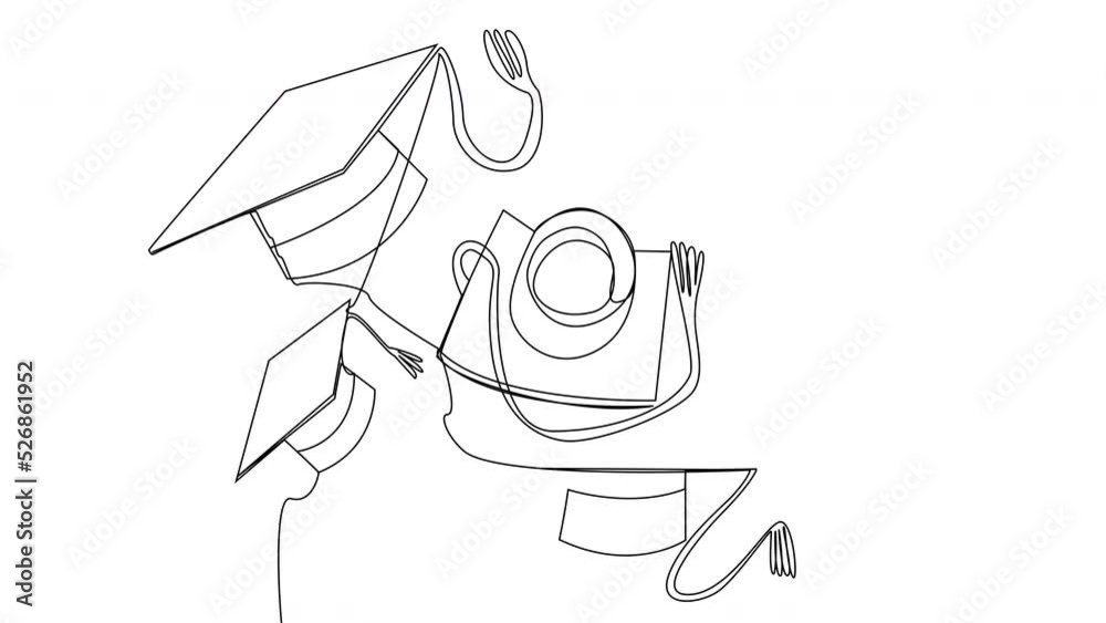 Self-drawing student caps in a single line with a blue silhouette on a ...