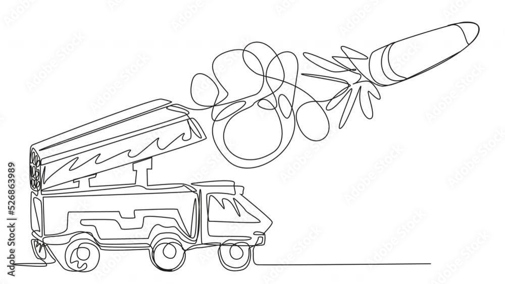 Self-drawing of green MLRS in single line on a white screen. The ...