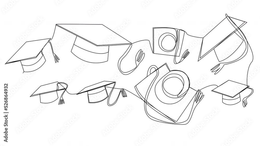 Self-drawing of rainbow student caps in single line on a white screen ...