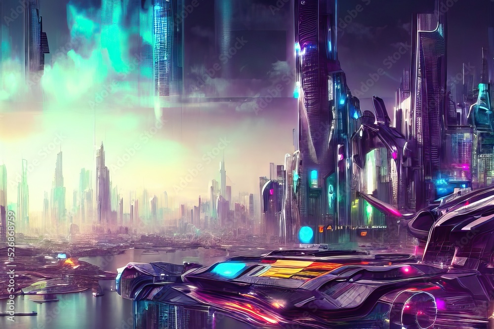 Futuristic alien city cityscape creative concept illustration with ...
