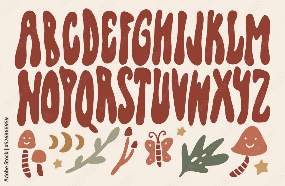 Woodland autumn font in hippie bohemian groovy postmodern funky style ...