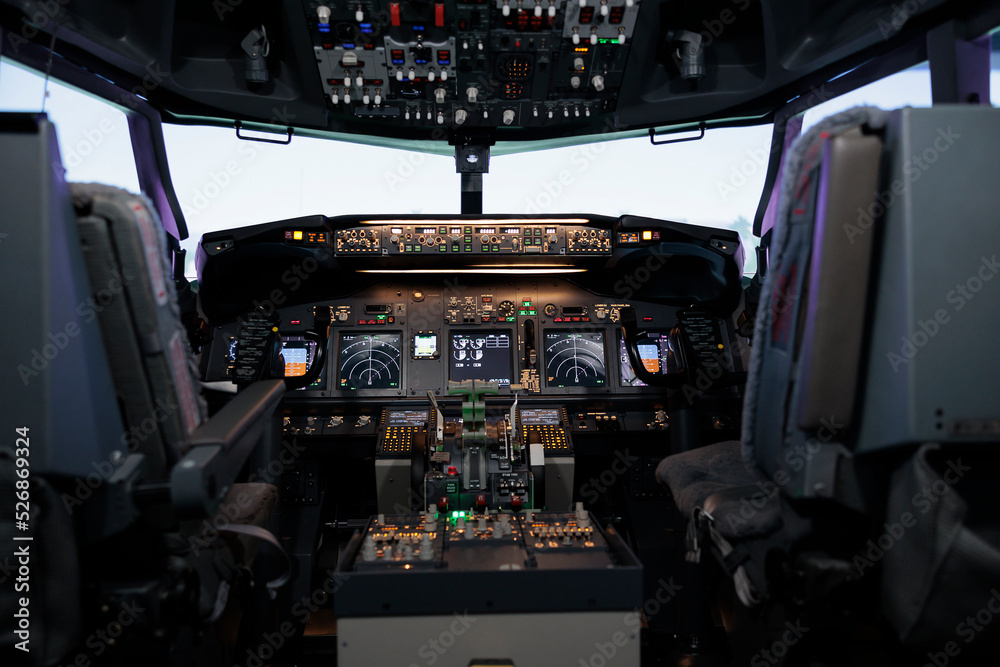 Nobody in airplane cabin with dashboard command and control panel, used ...
