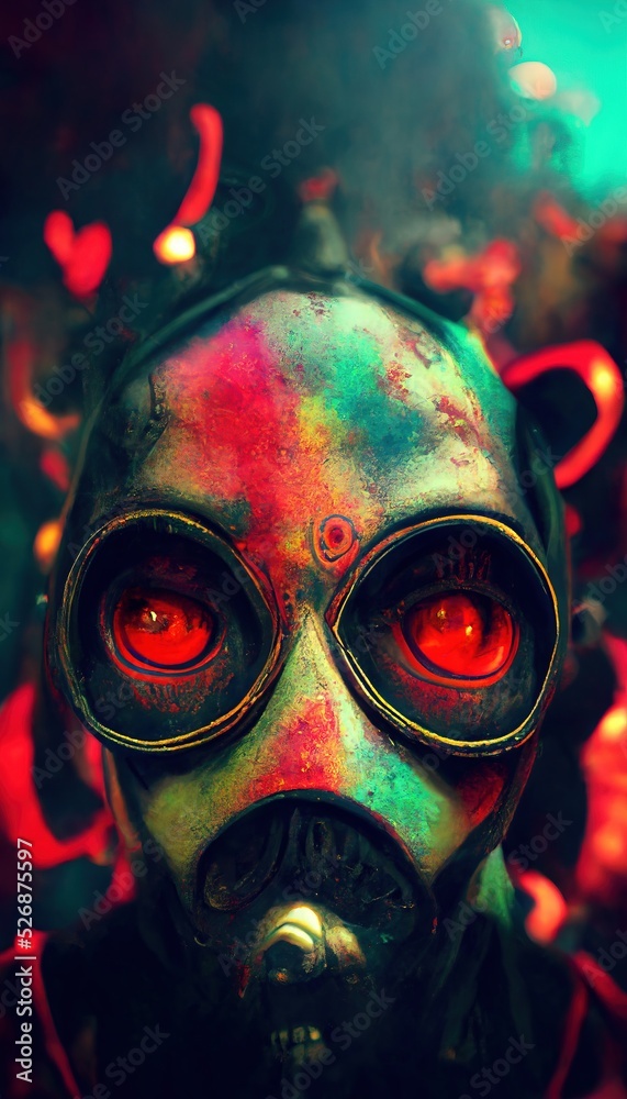 Creepy infernal zombie in a gas mask. The concept of a nightmarish ...