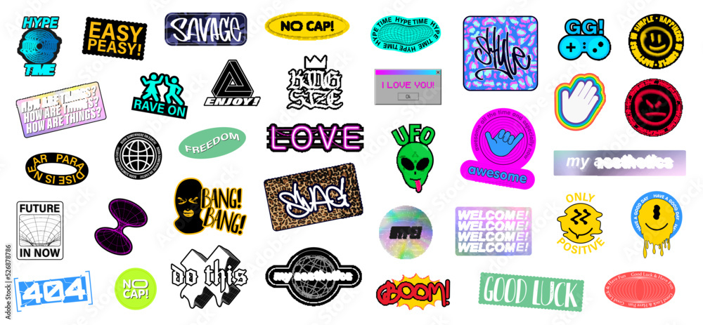 Colorful trendy sticker pack. Street art, tags, graffiti, simple and ...