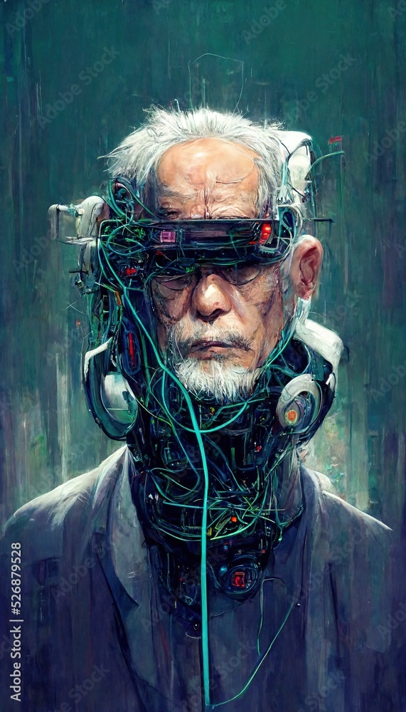 Portrait of a grandfather in a futuristic cyberpunk style with a cyber ...
