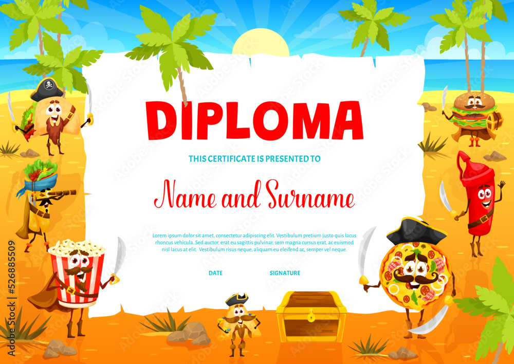 Kids diploma, cartoon captain and pirates fastfood characters on ...
