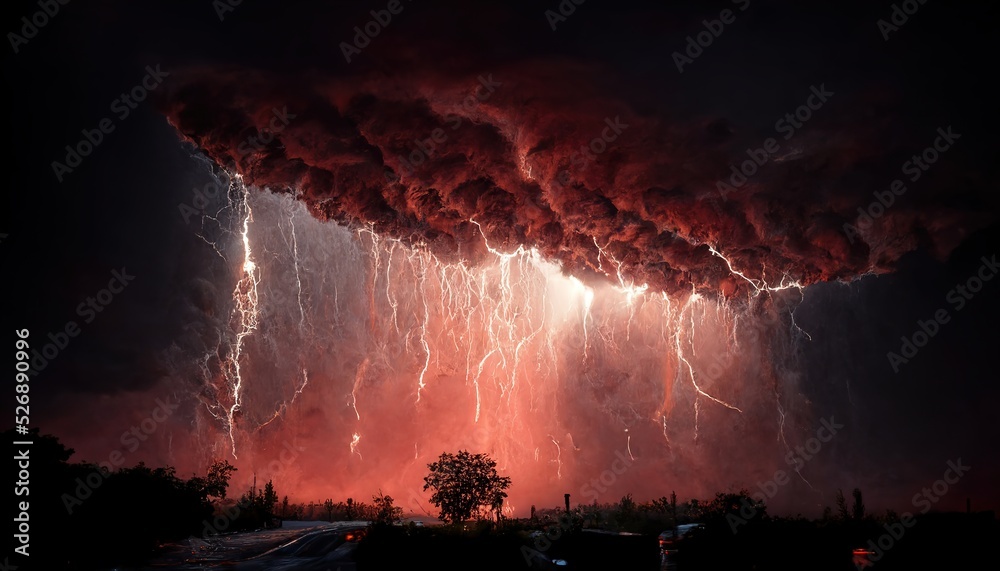 stormy sky with dark clouds, lightning flashes over the night sky ...