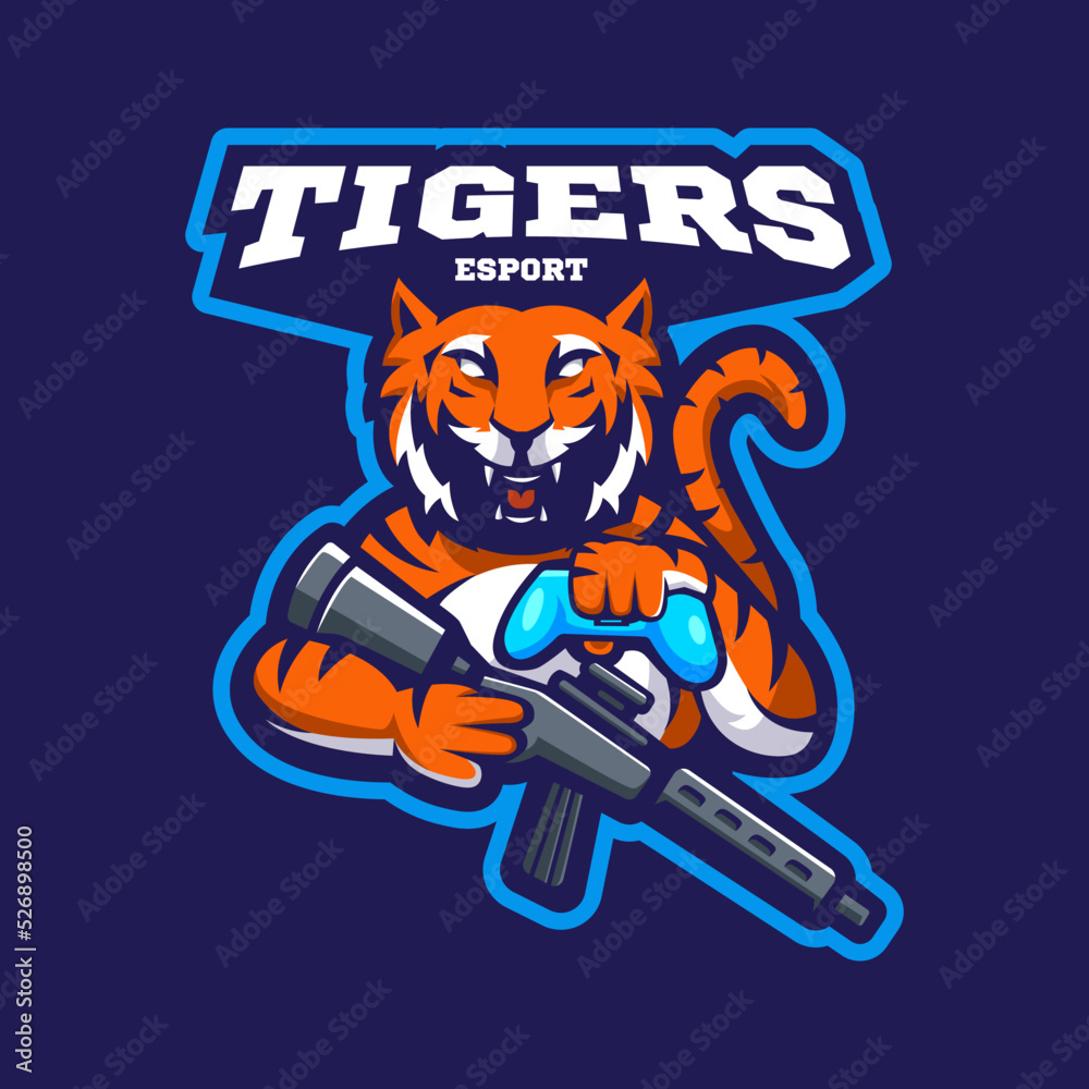 Tiger use gun and joystick mascot logo design illustration vector for ...