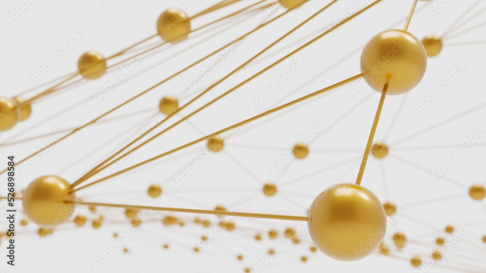 Gold atom structure on white background nder white light environment ...