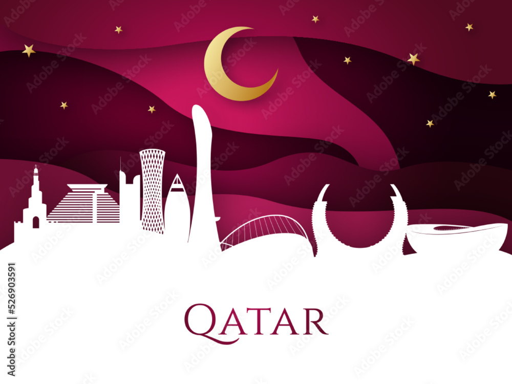 Qatar skyline on red background. Most famous buildings landmark. Qatar ...