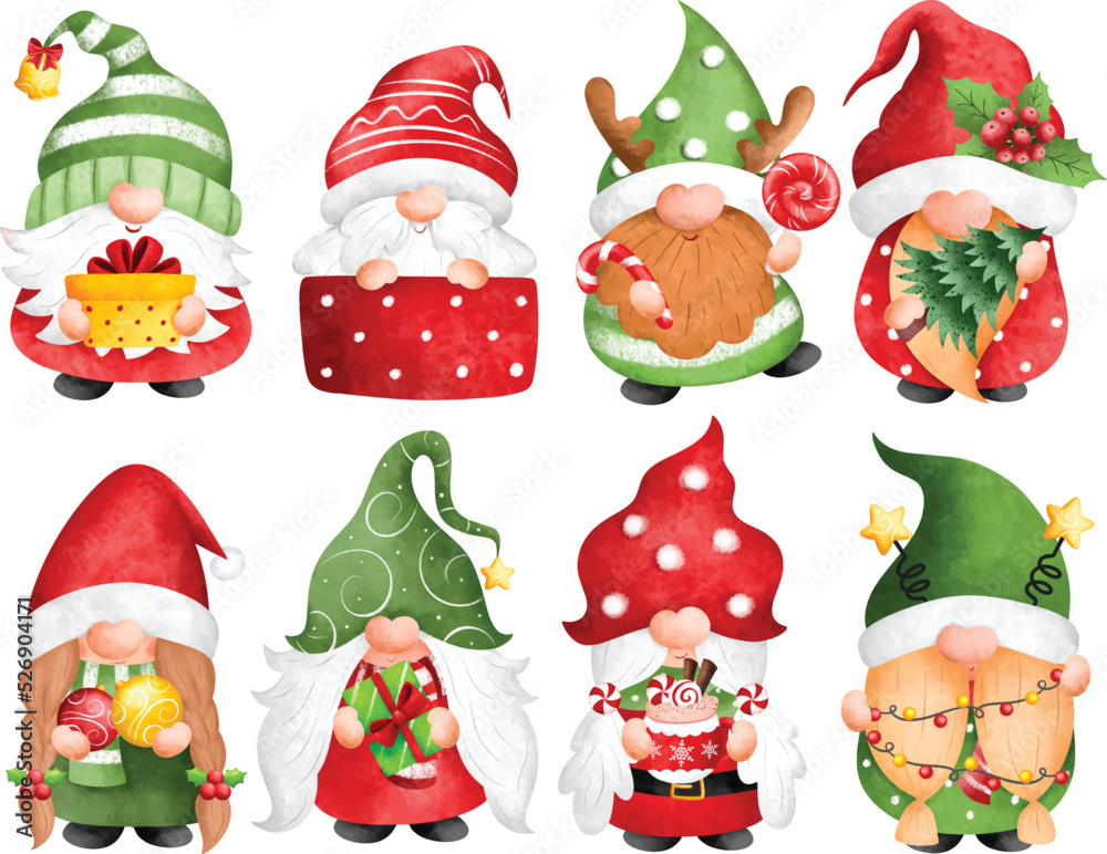 Watercolor illustration set of Christmas Gnomes Stock Vector | Adobe Stock