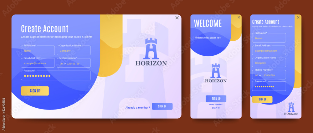 Registration and login forms page with gradient blue. Set of Sign Up ...