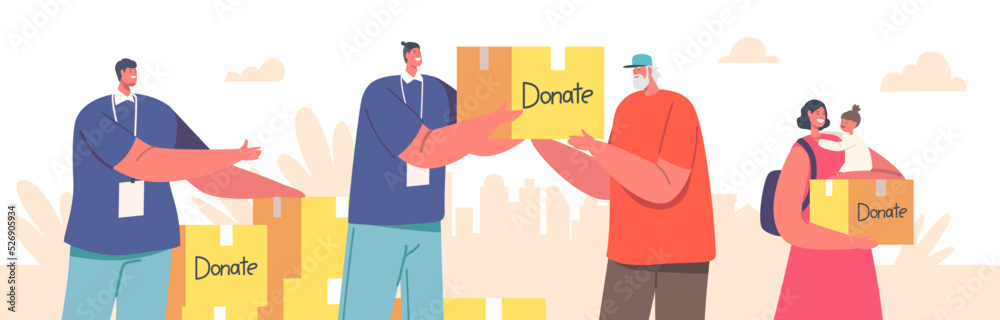 Donation, Material Assistance Concept. Volunteer Characters Distribute ...