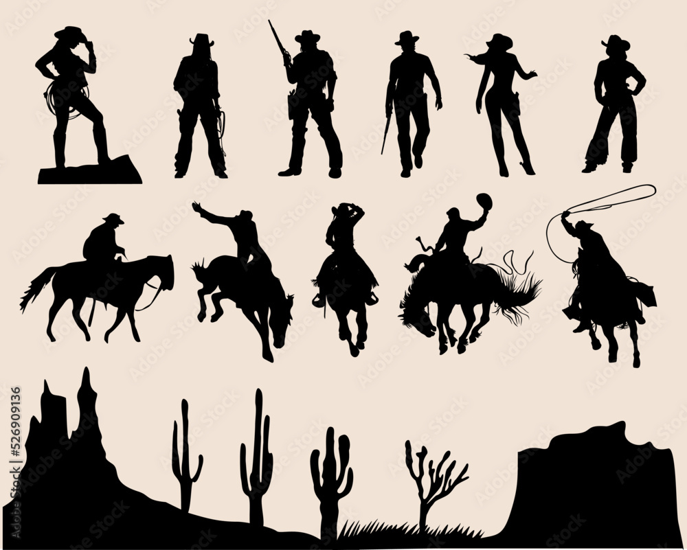 Wild west silhouettes - cowboys, cowgirls, cactus, rocks. Western ...