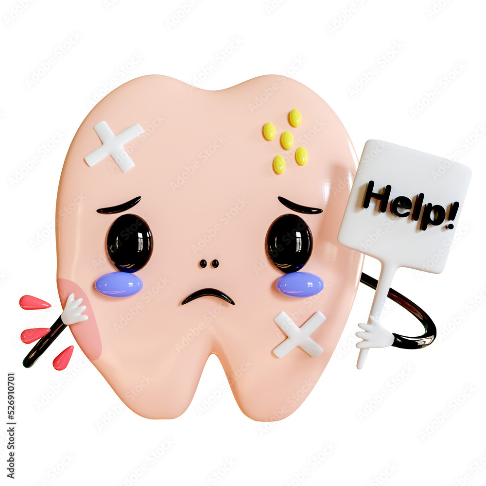3d illustration Cute tooth cartoon character having toothache with sad ...
