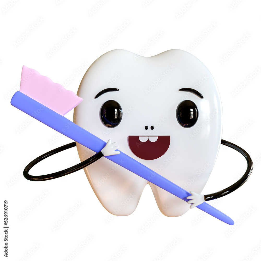 3d illustration cute tooth cartoon character brushing teeth with happy ...