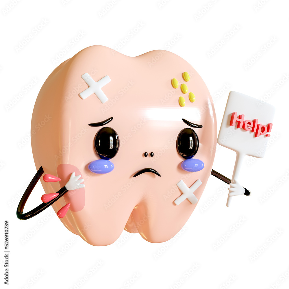 3d illustration Cute tooth cartoon character having toothache with sad ...