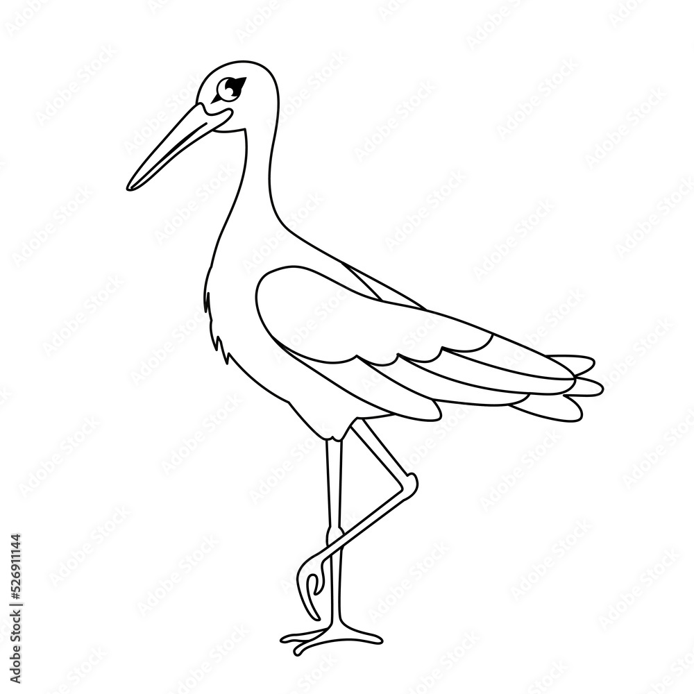 Vector outline illustration of cartoon cute stork isolated on white ...
