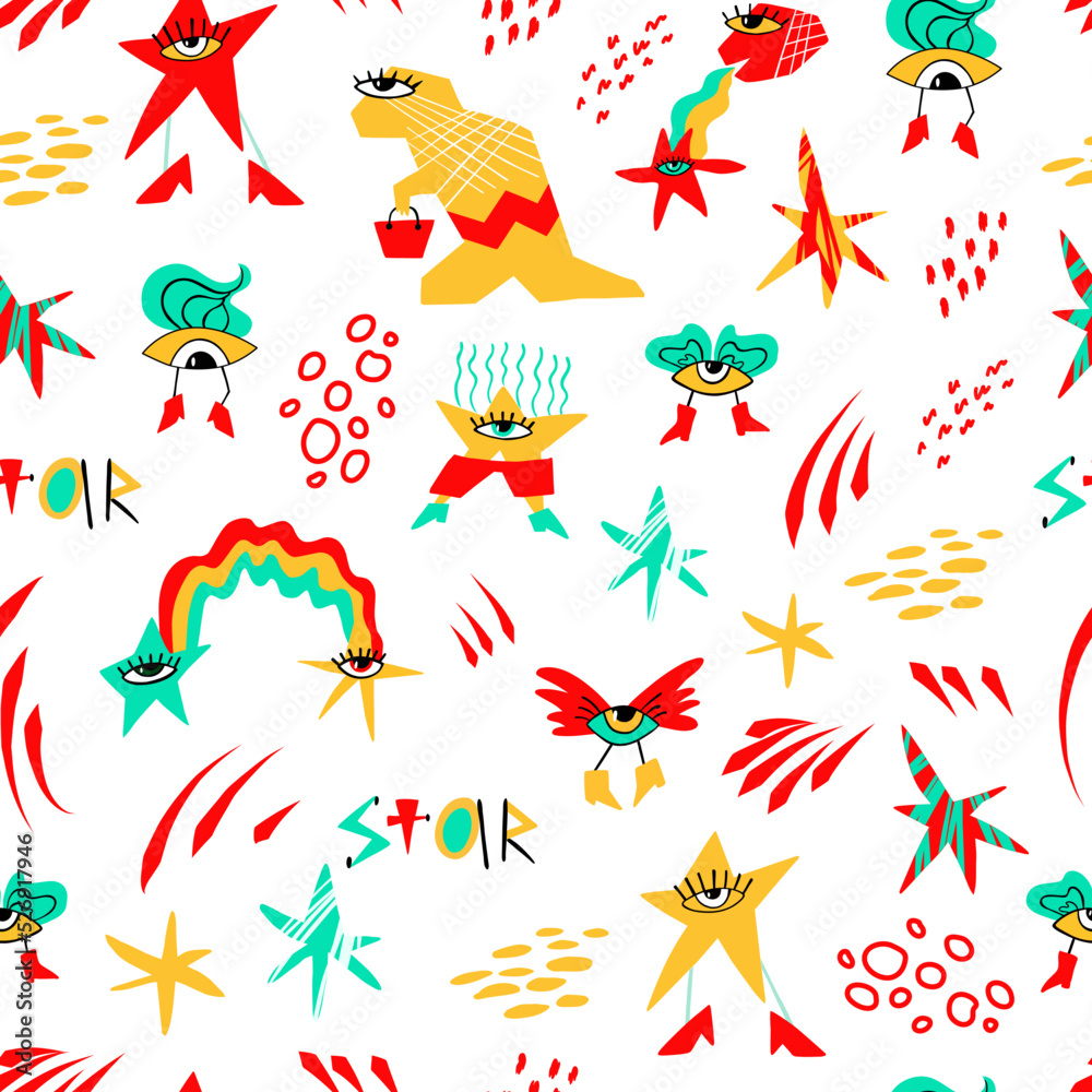 Fun seamless pattern in a naive style with dinosaurs, stars, eyes, a ...