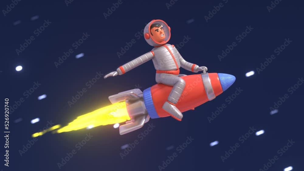 3d animation of spaceman sitting on rocket and flying in outer space ...