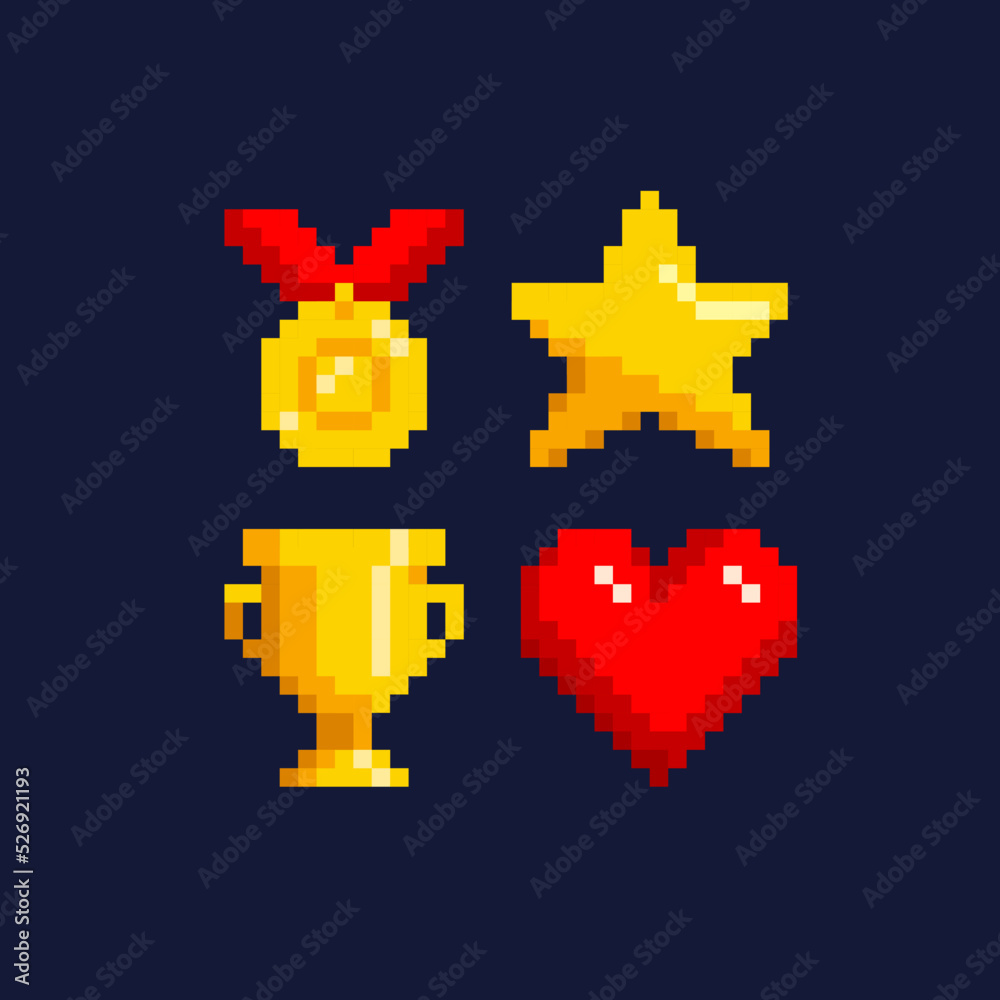 Pixel Game Winner Trophy icon set. Pixel Golden Medal, Trophy Cup, Star ...