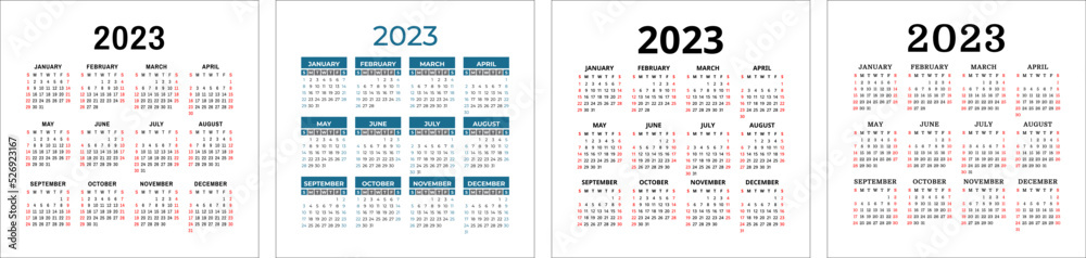 Calendar template 2023 set. Color english square calender collection ...