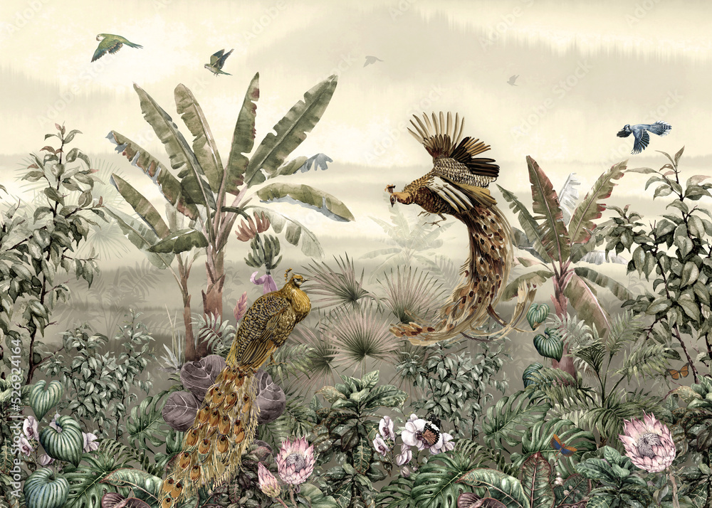 wallpaper vintage jungle pattern with gold peacocks and parrot birds ...