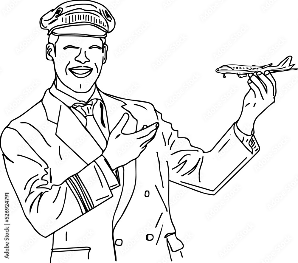 Air plain captain holding toy airplane cartoon doodle, Sketch drawing ...