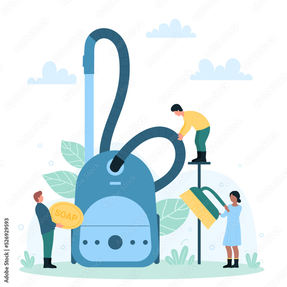 Home or office, janitorial cleaning service with tiny staff. Cartoon ...