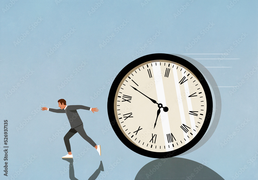 Speeding clock chasing running businessman Stock Illustration | Adobe Stock