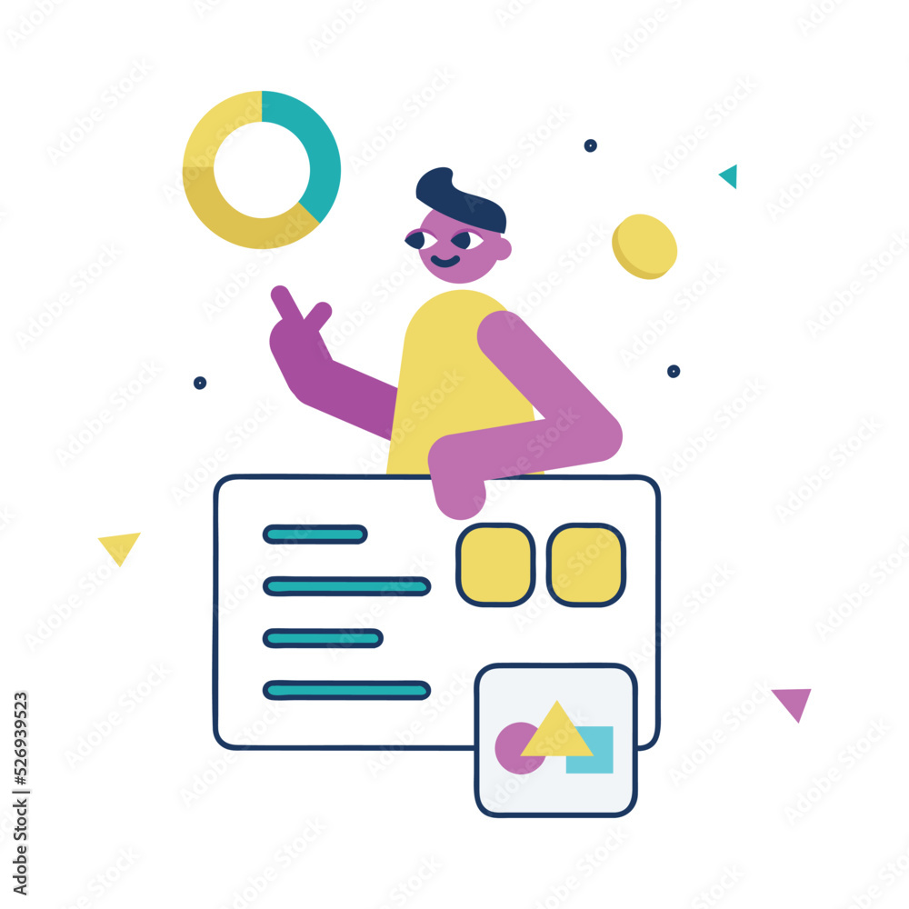 Doodle style infographics concept with businessman or employee holding ...