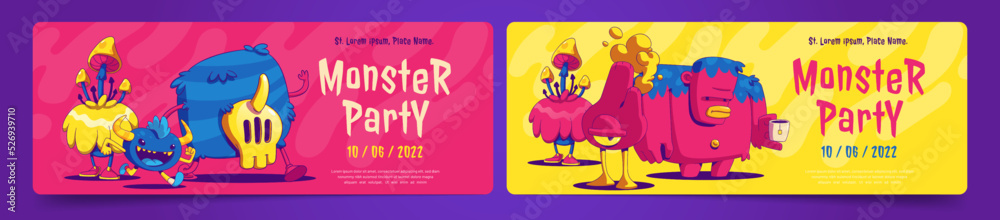 Monster party posters with cute alien creatures in contemporary art ...