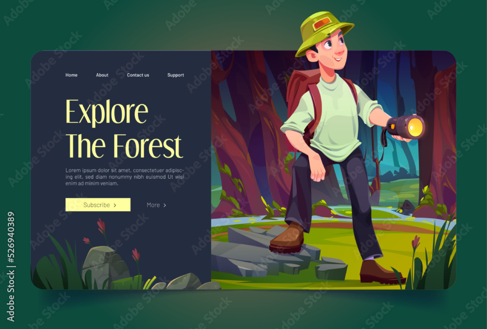 Explore forest banner with man traveler on summer glade. Woods ...