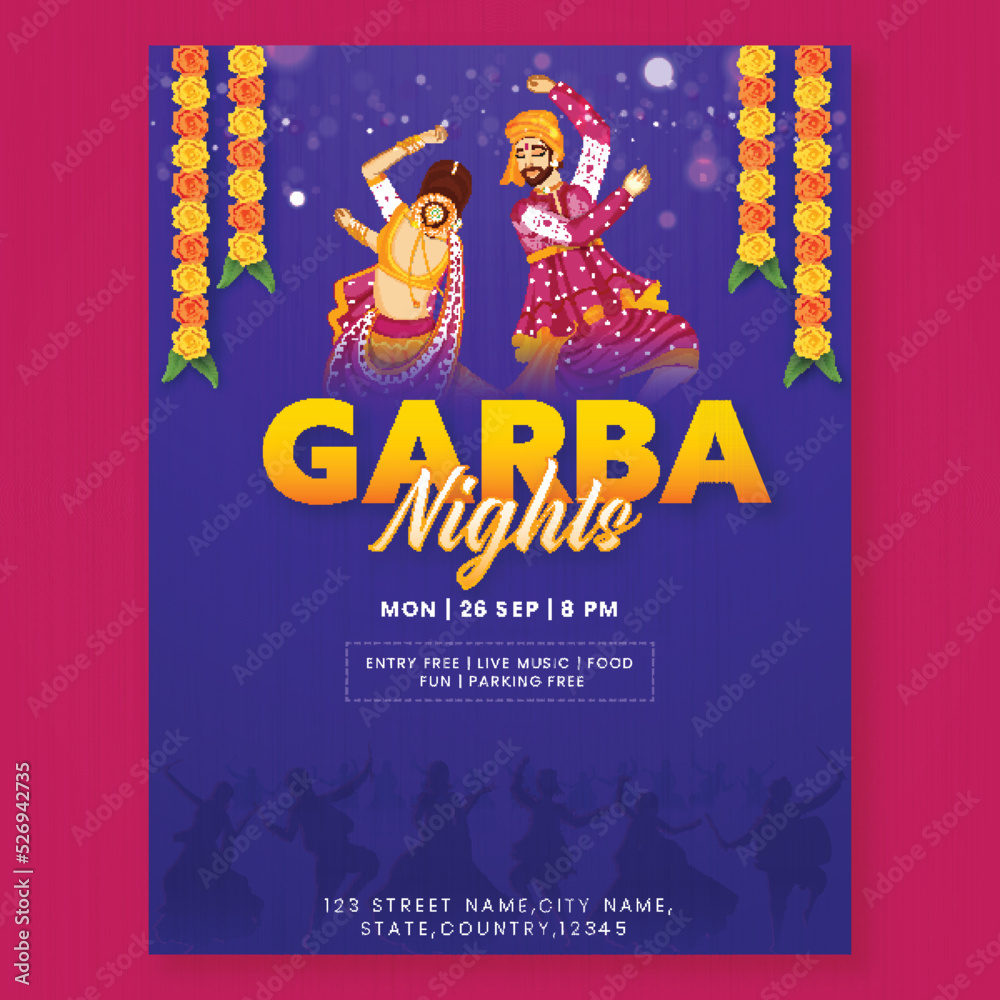 Vetor de Garba Night Party Invitation Card With Indian Young Couple ...