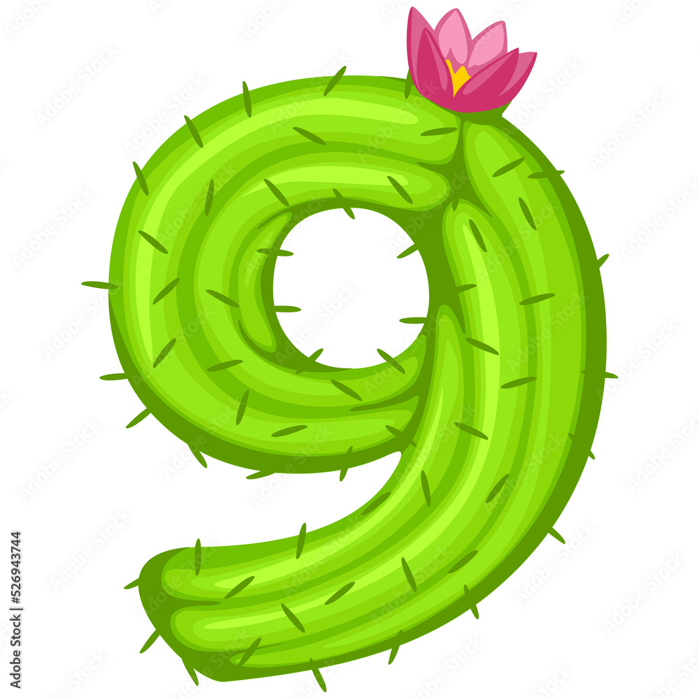Cartoon cactus number nine with flower font kids numbers. Green figure ...