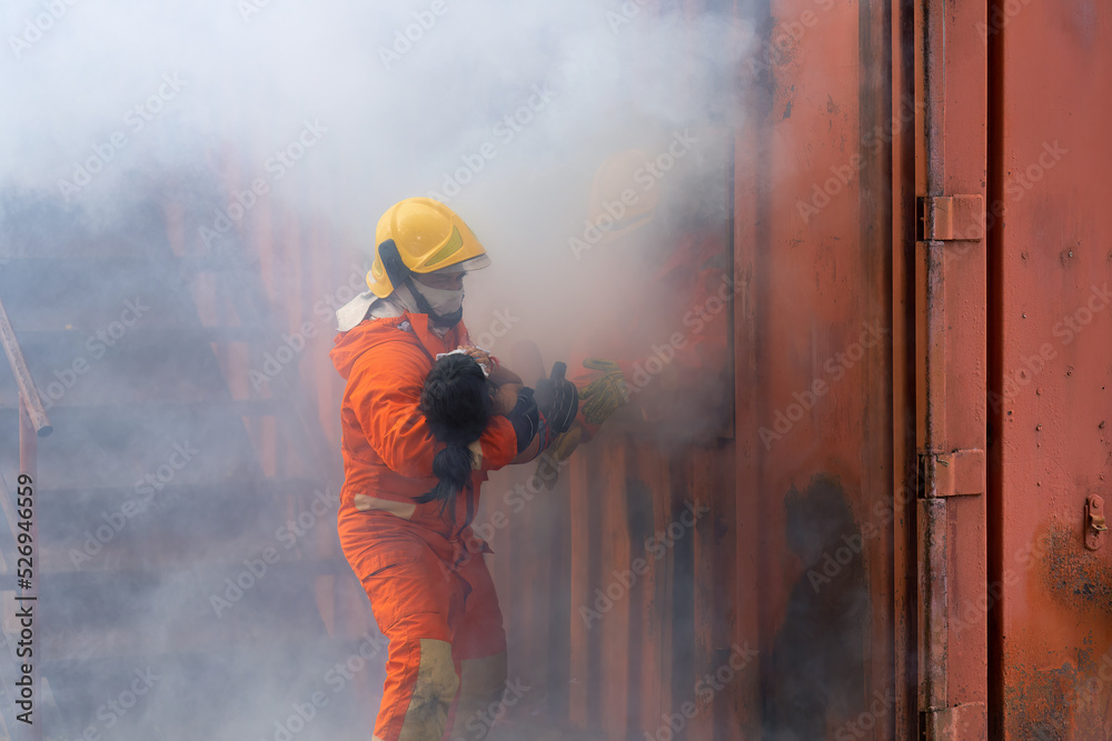 Fire fighting team emergency rescue life saving young girl from fire ...