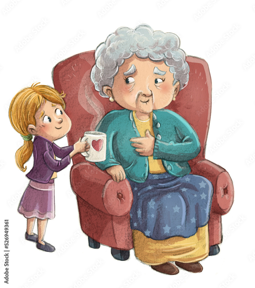 Illustration of granddaughter taking care of her grandmother Stock ...
