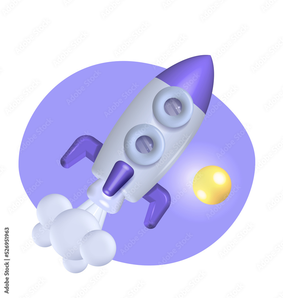 3d Rocket in realistic cartoon style on white background with violet ...