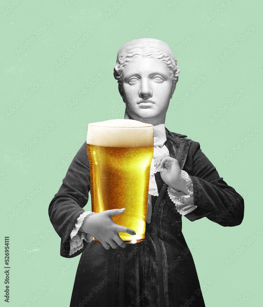 Time for beer. Contemporary art collage with antic statue holding beer ...