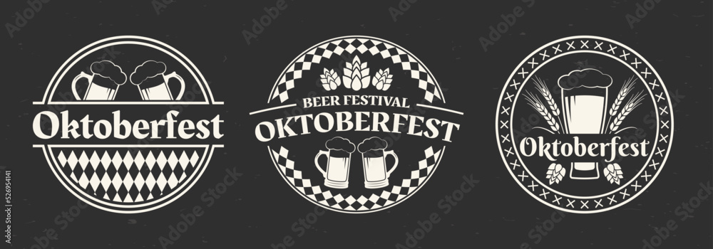 Oktoberfest logo or label set. Beer fest round badges with beer mug or ...