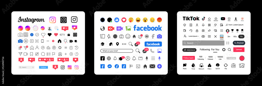 Instagram, Facebook , Tik Tok buttons icon. Set screen social media and ...