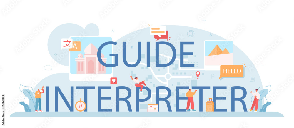 Guide interpreter typographic header. Tourists listening to the history ...