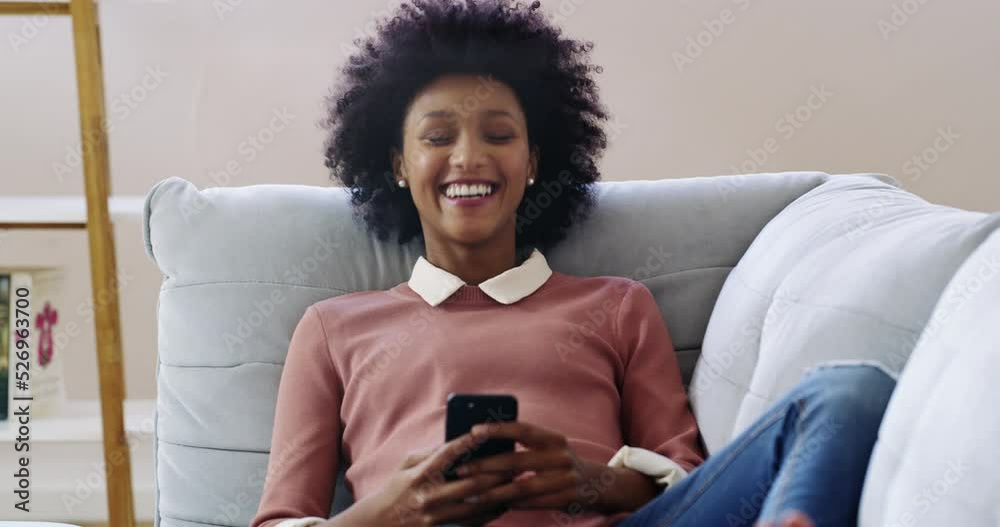 Relax woman on sofa with phone for texting, typing and reading funny ...