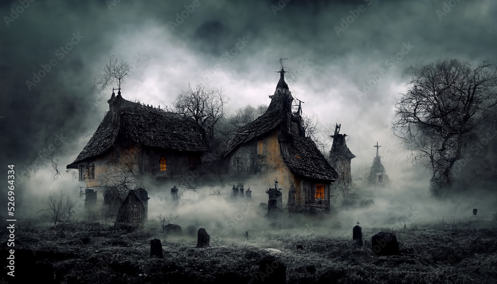 Haunted house with fog on Halloween night.3D illustration.Digital ...