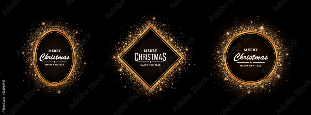 Gold shiny glowing frames with shadows isolated on black background ...