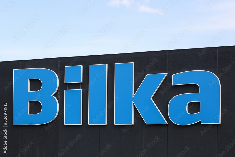 Vejle, Denmark - July 3, 2022: Bilka logo on a building. Bilka is a ...