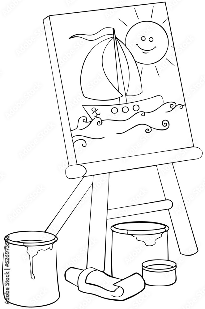 Easel picture and paints. Element for coloring page. Cartoon style ...