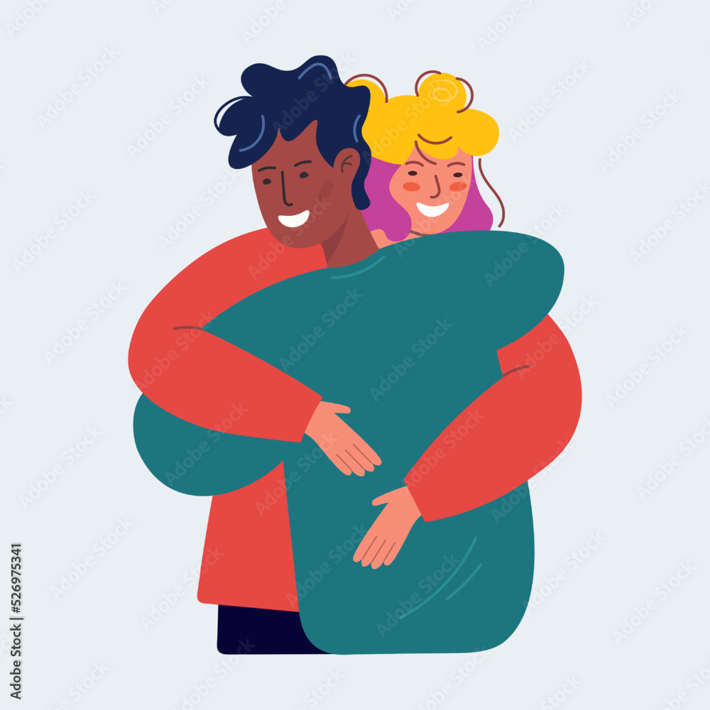 Happy meeting of two friends in love hugging. The girl hugs the guy with a smile. The joy of ...