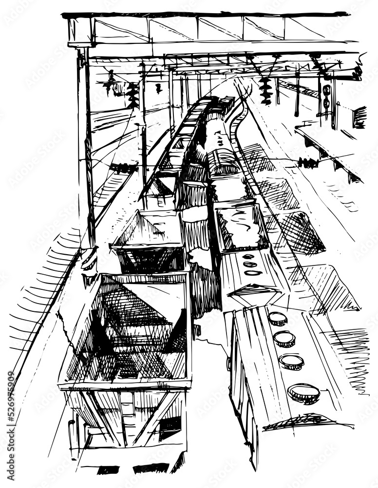 Artistic linear sketch of rolling stock. Monochrome graphic image of a ...
